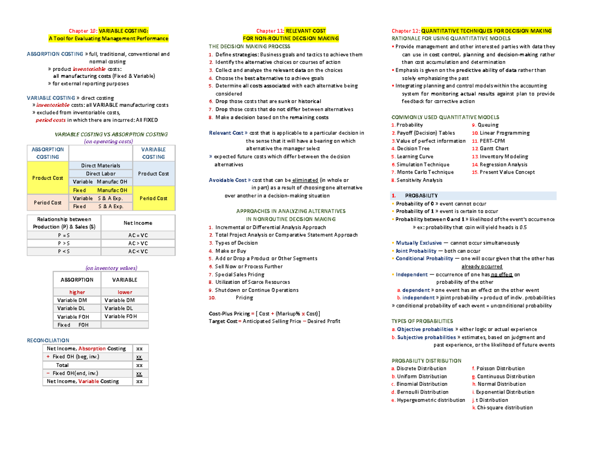 Final Lecture SCM 1 - Variable and Absorption Costing Notes - Studocu