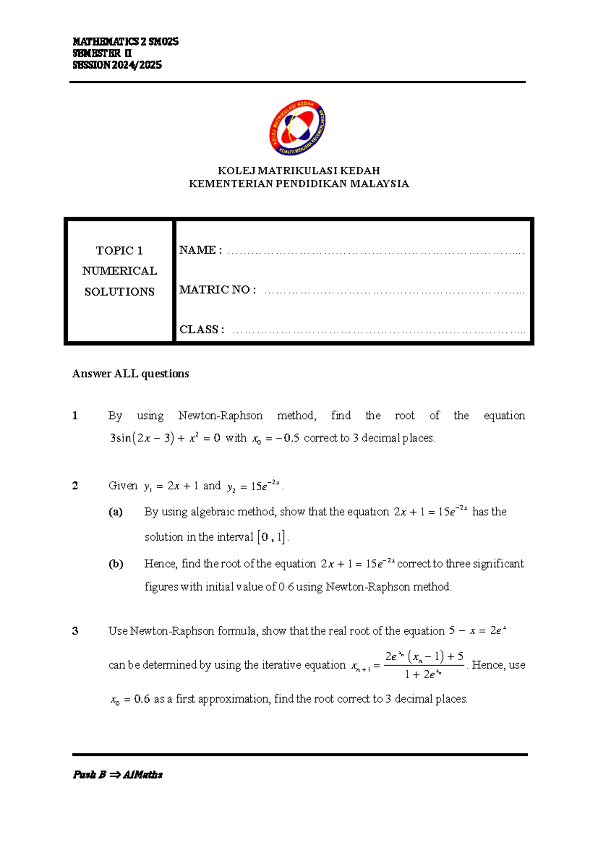 SM025 Mathematics 2 Topic 1 Numerical Solutions Exam Questions - Studocu