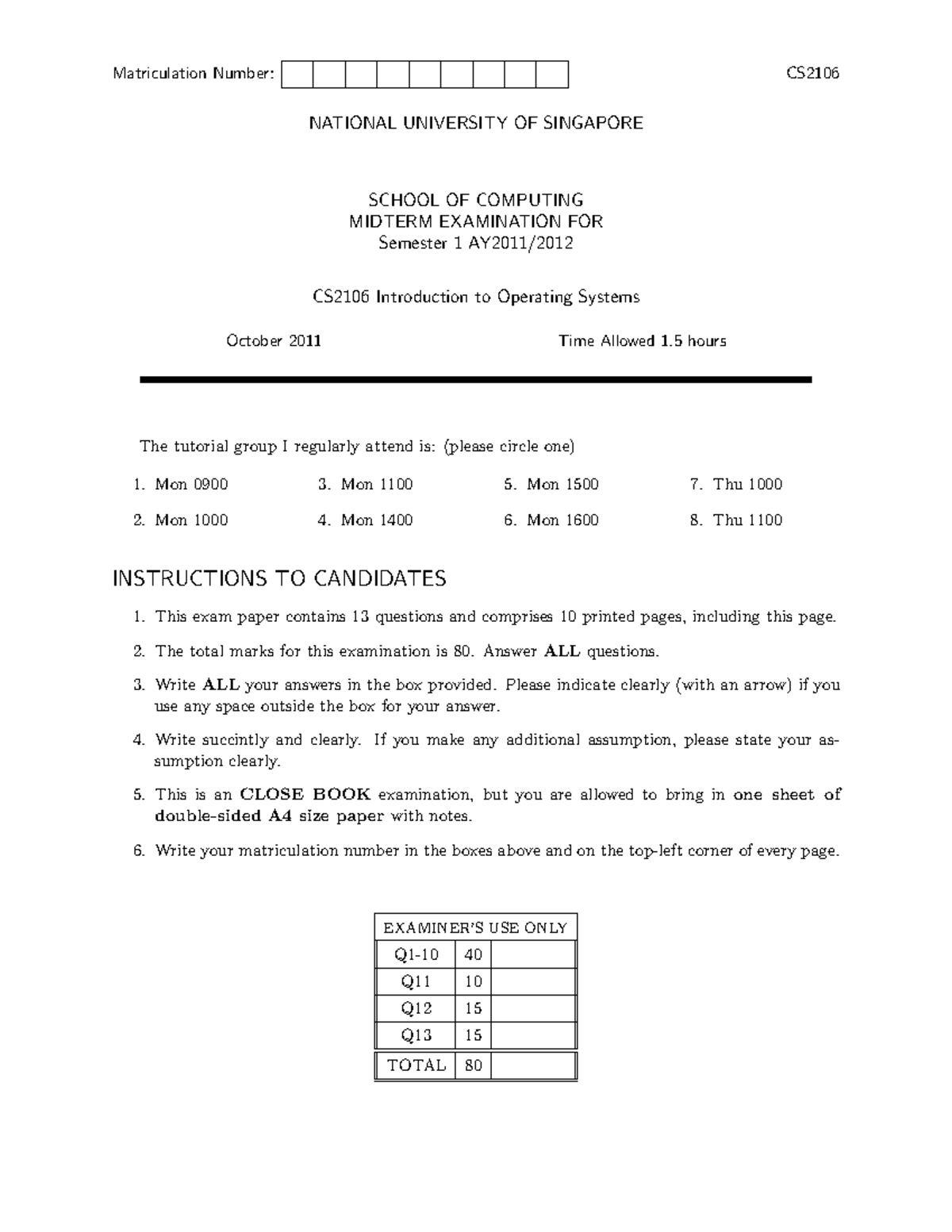 CS2106 Midterm Exam: Introduction to Operating Systems - Oct 2011 - Studocu