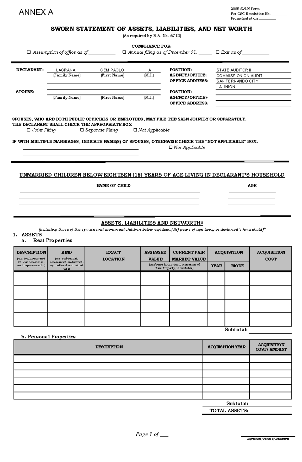 2025 SALN Annexes Compliance per CSC Resolution No. 6713 - Studocu