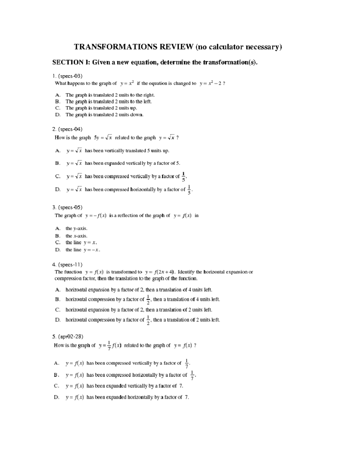 Transformations Review: Identifying Function Changes (specs-03 to specs-11) - Studocu