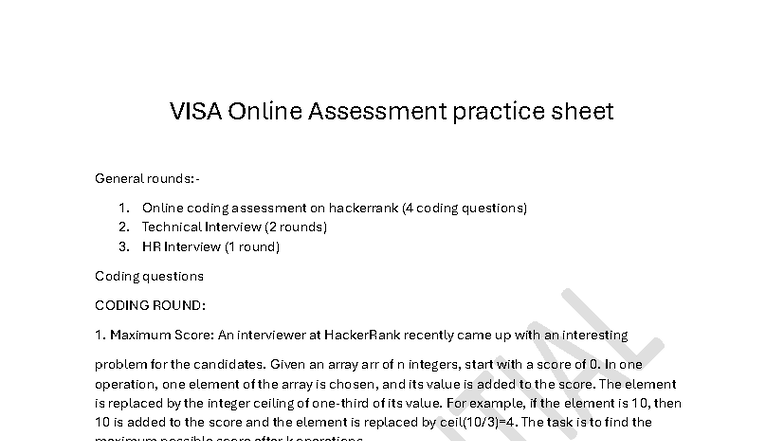 VISA Online Assessment Practice Sheet: Coding & Interview Rounds - Studocu