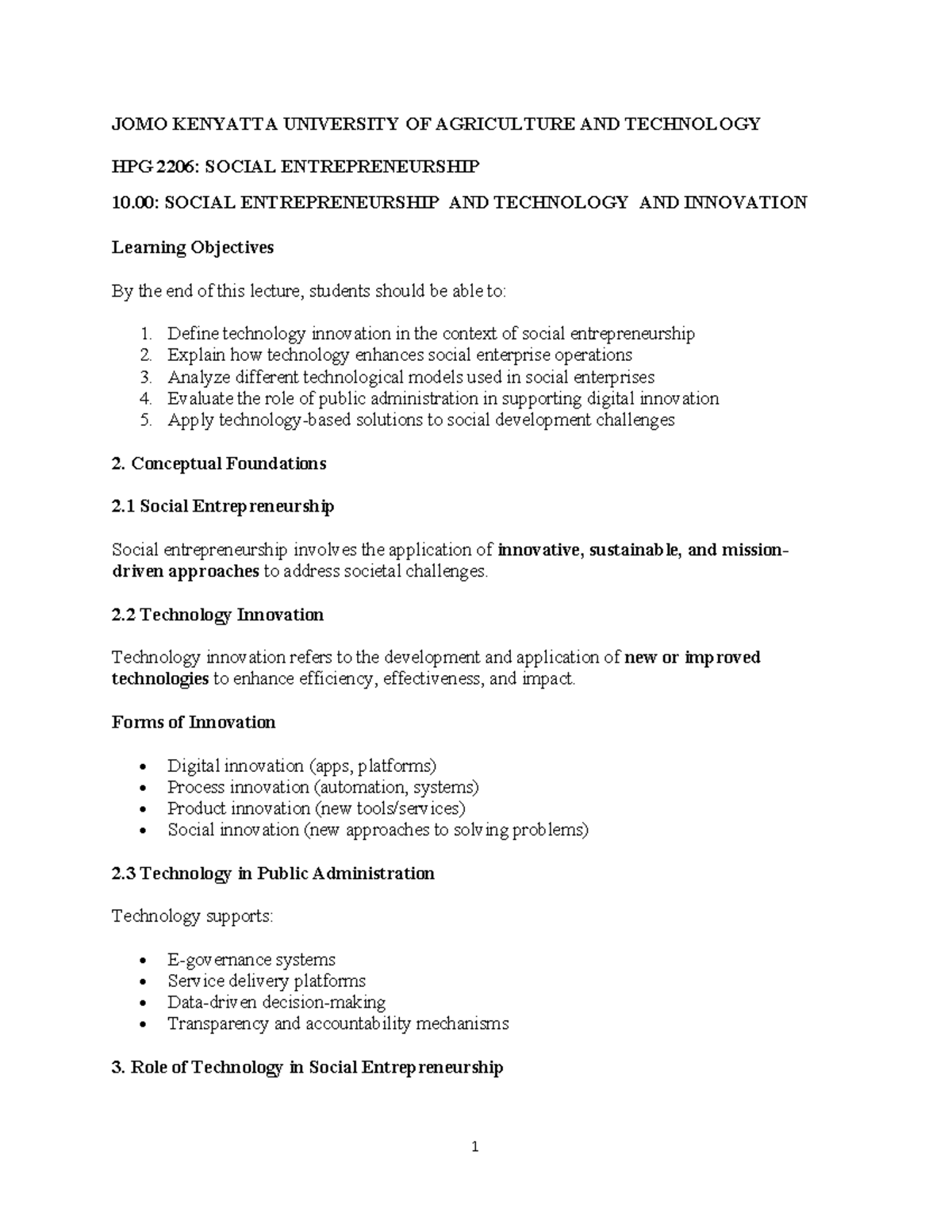 HPG 2206: Social Entrepreneurship - Technology & Innovation Overview ...