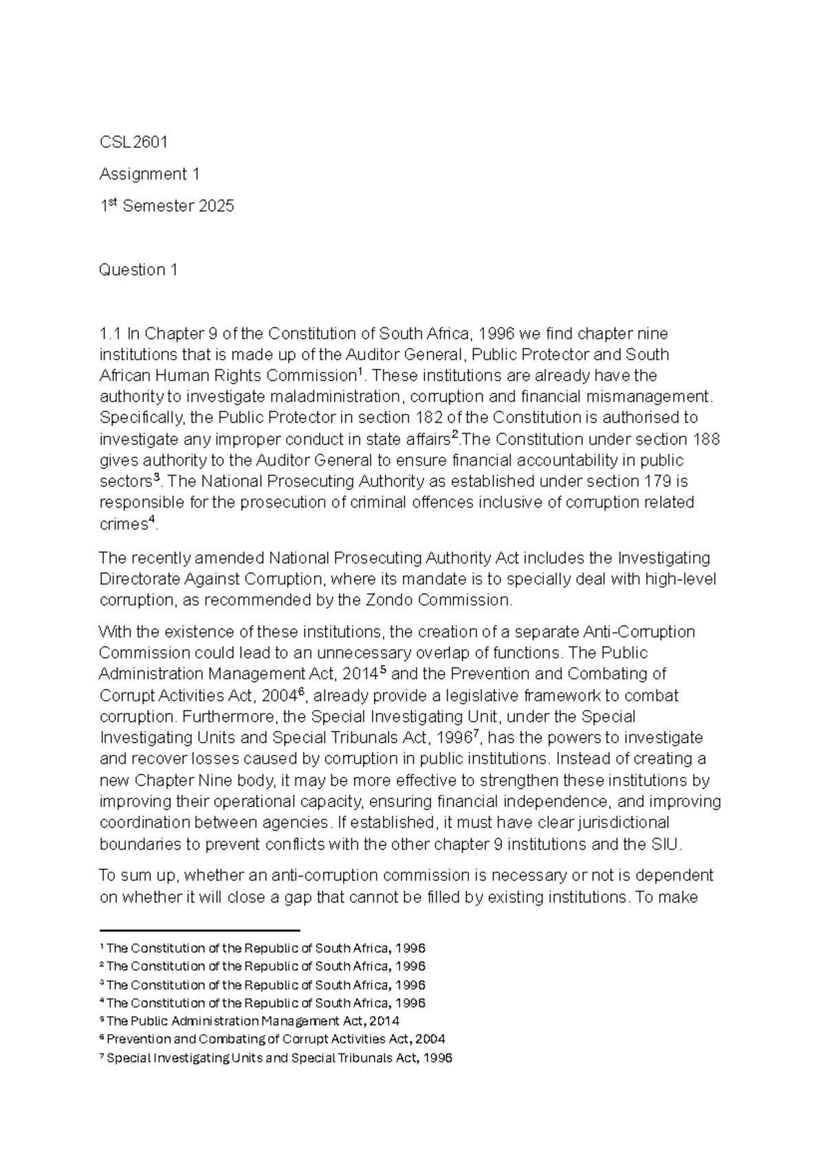 CSL2601 Assignment 1: Examining Chapter 9 Institutions & Corruption ...