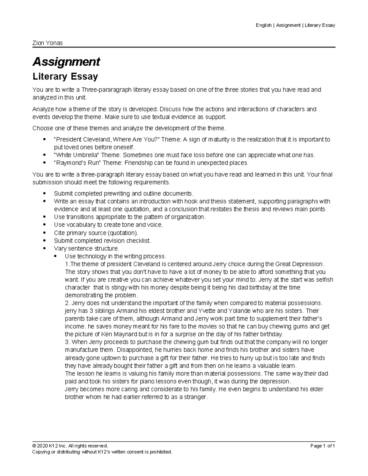 ENGL101: Literary Essay Assignment on Theme Development - Studocu