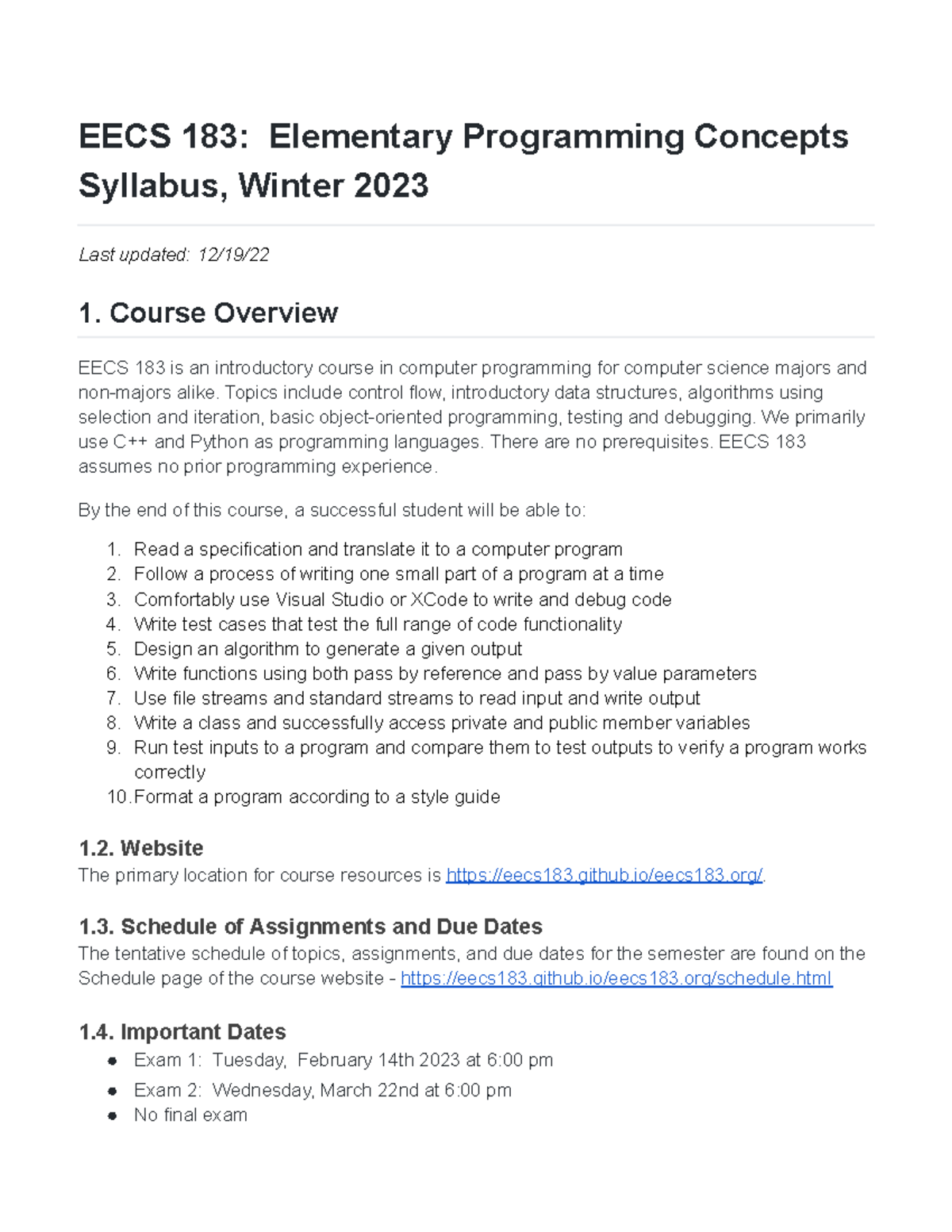 EECS 183: Syllabus for Winter 2023 - Intro to Programming Concepts - Studocu