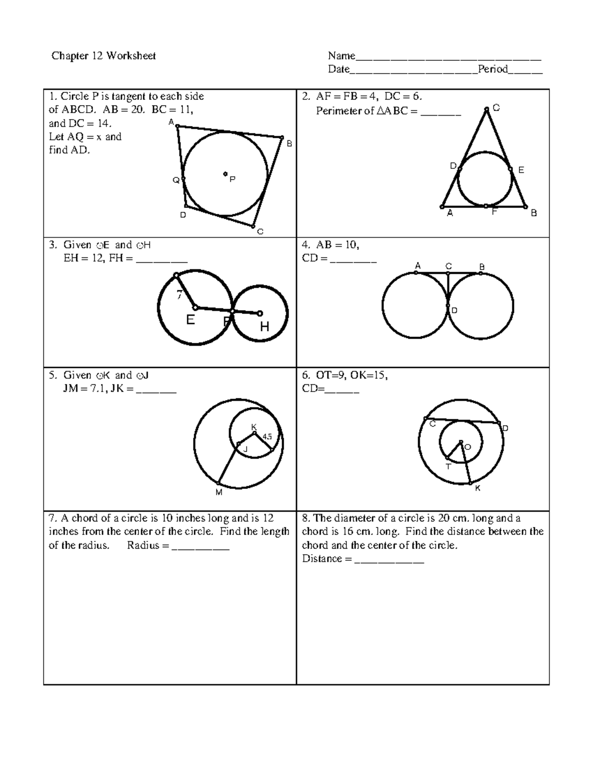 Chapter 12 Worksheet 1: Tangents and Circle Geometry Problems - Studocu