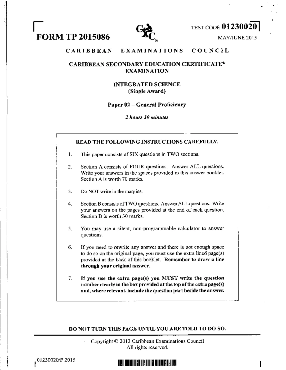 CSEC Integrated Science June 2016 P2 - ####### I- FORM TP 2016086 rESr ...