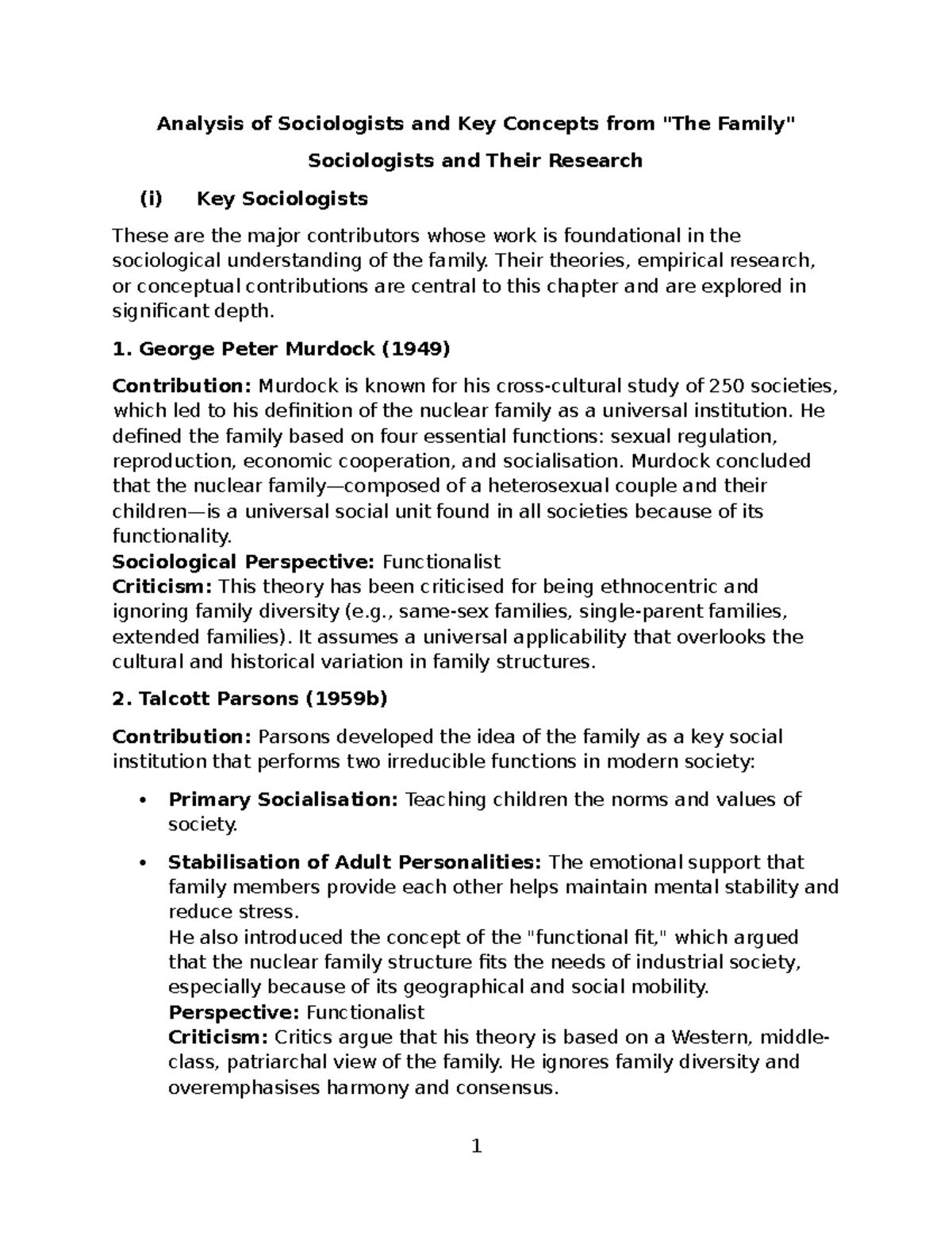 Analysis of Key Sociologists and Concepts in Family Studies (SOC101 ...