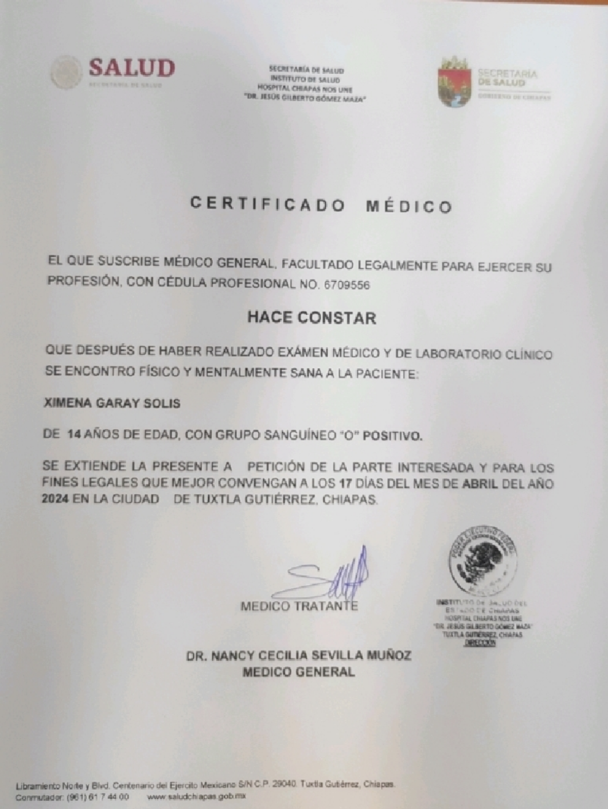 Certificado médico Ximena Garay Solís - SALUD SECRETARÍA or SALUD ...