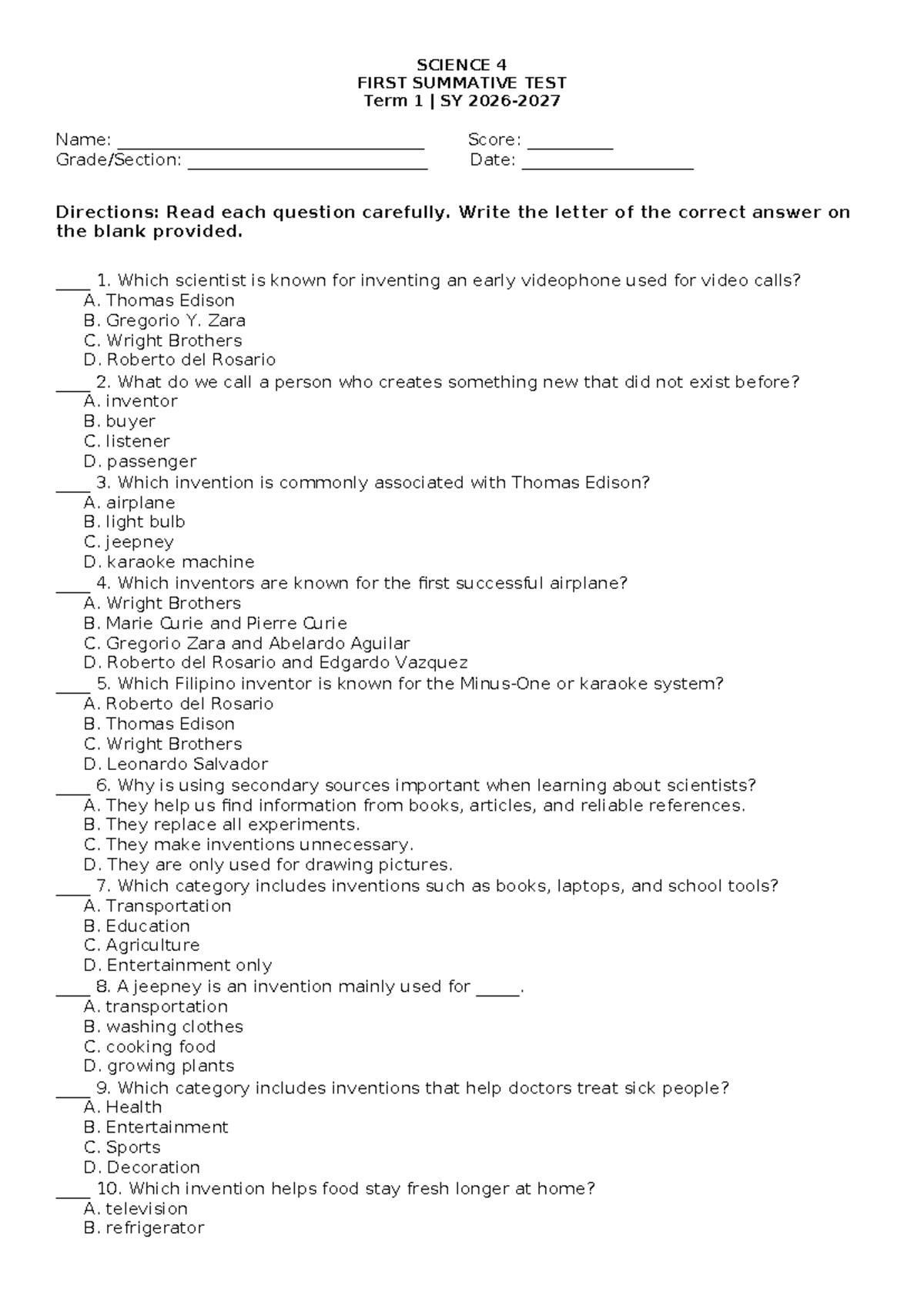 SCIENCE 4 First Summative Test Term 1 Questions and Answers - Studocu