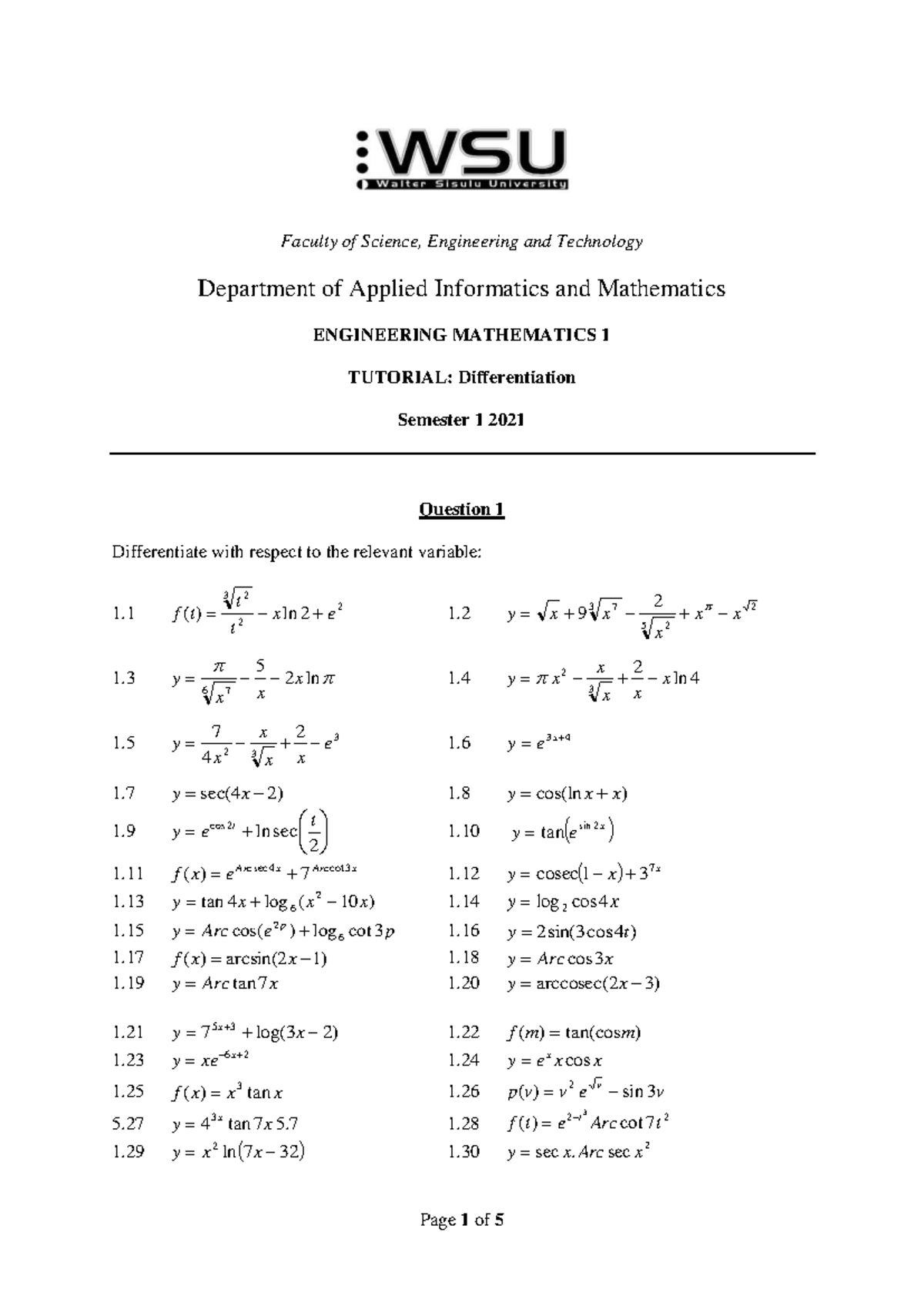 M1S1TUT 2021 Engineering Mathematics 1 Tutorial: Differentiation - Studocu