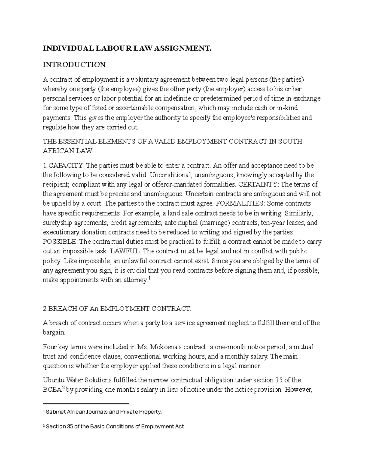 LABOUR LAW ASSIGNMENT (LLB 101): EMPLOYMENT CONTRACTS IN SA - Studocu