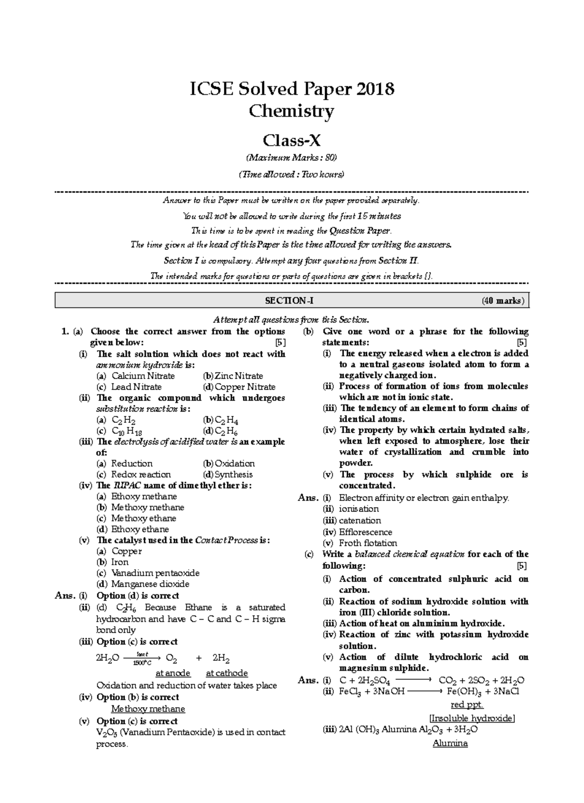 ICSE 2018 Chemistry Solved Paper - Class X (Max Marks: 80) - Studocu