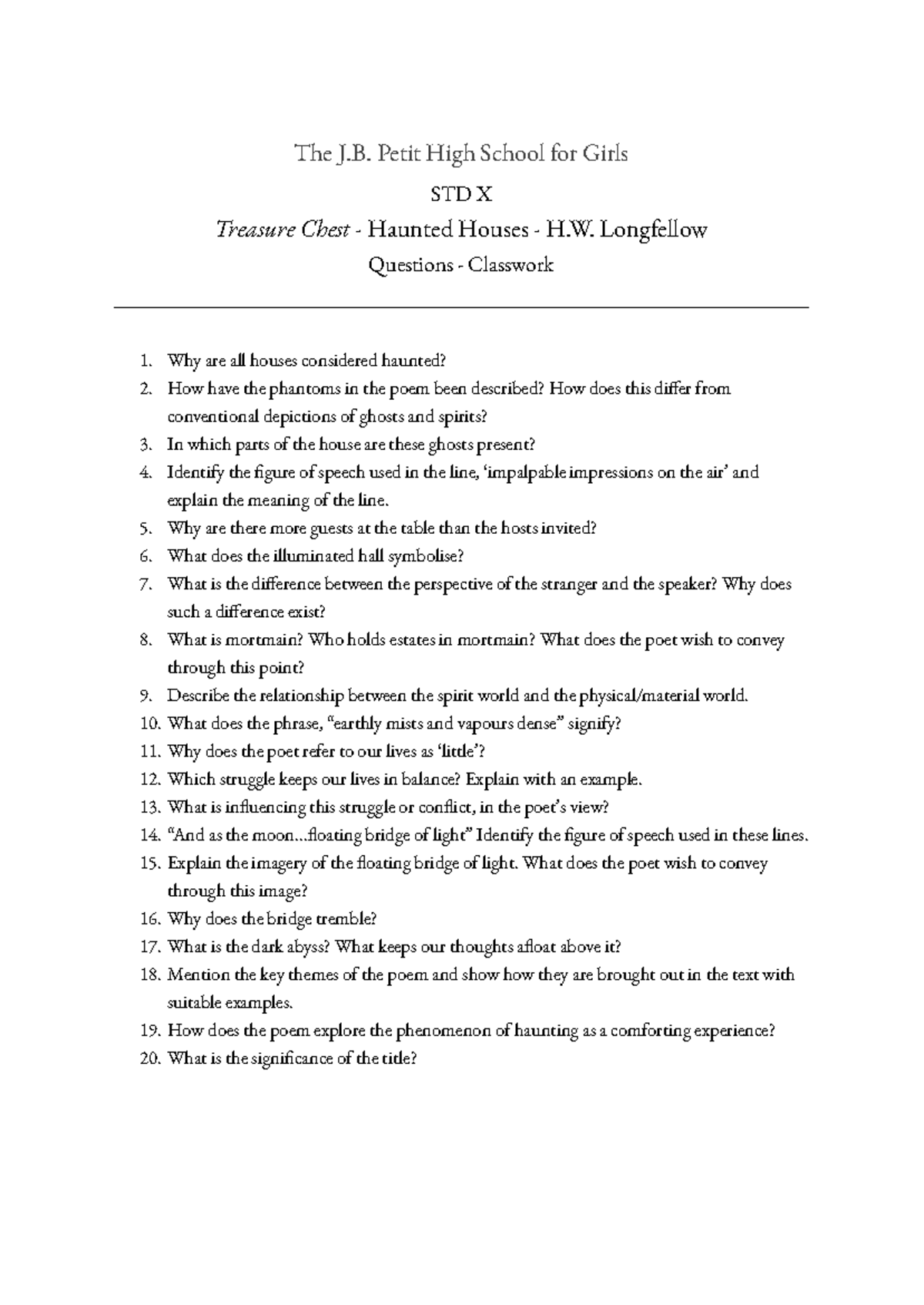 Haunted Houses - Classwork Questions for STD X Literature - Studocu
