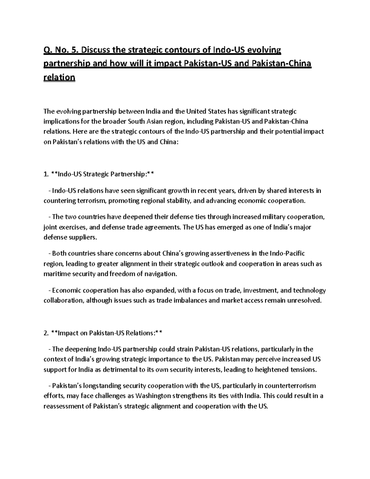 Q.5 2020 - Strategic Implications of India-US Partnership - Studocu