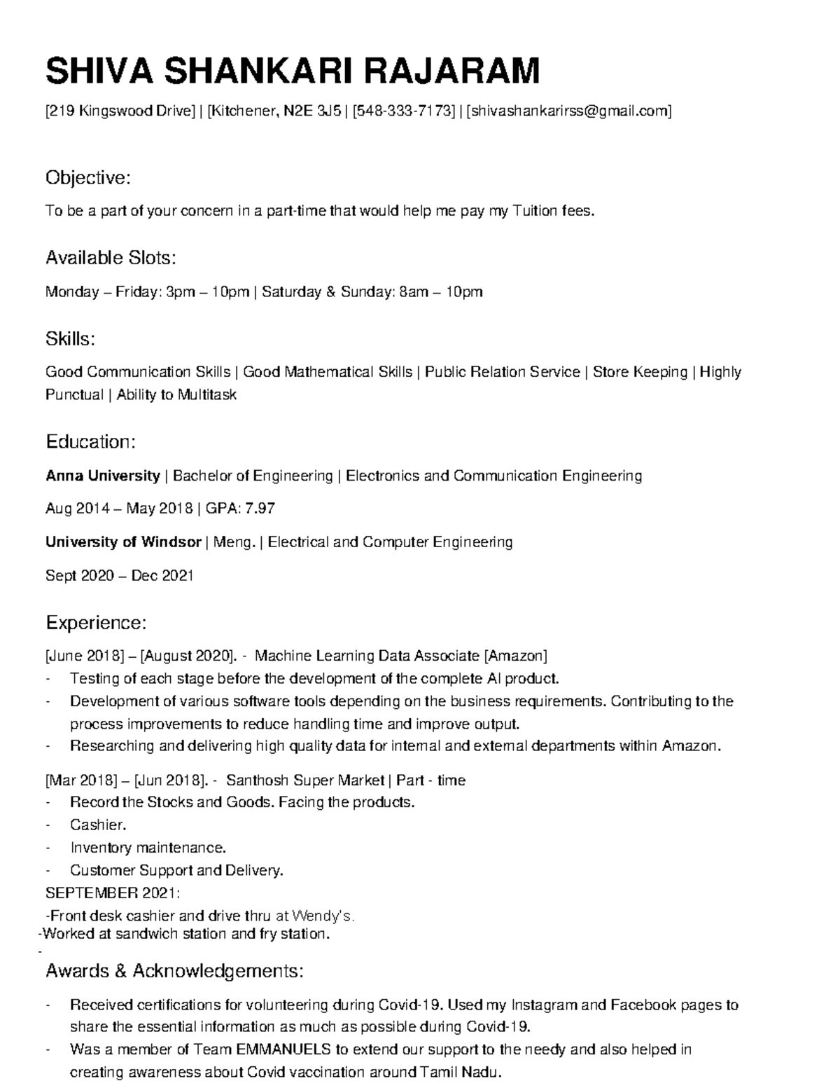 Shiva Resume - Assignment 3: Part-Time Job Application Overview - Studocu