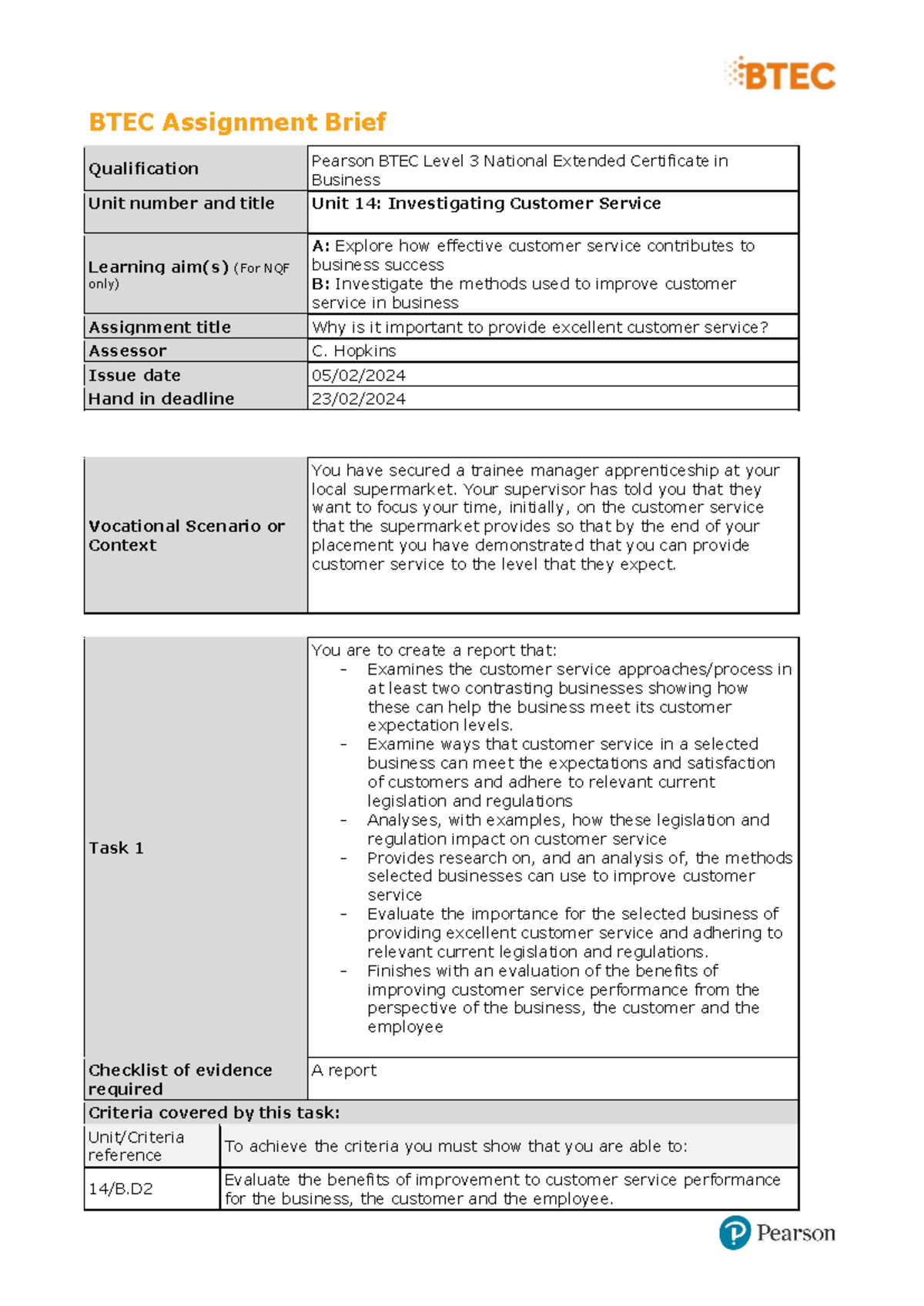 Unit 14 Assignment Brief: Investigating Customer Service (Learning A ...