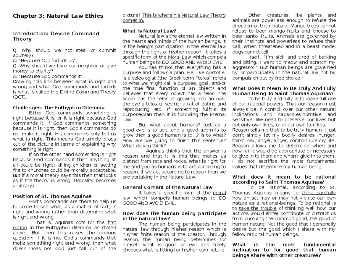 Chapter 3: Natural Law Ethics and Divine Command Theory Overview - Studocu