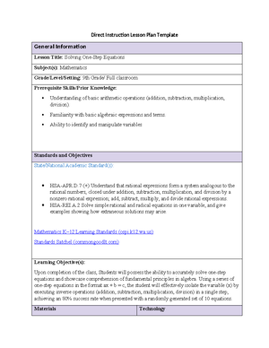 WGU - Task 1 - D237 - Mathematics lesson plan - Direct Instruction Lesson Plan General ...