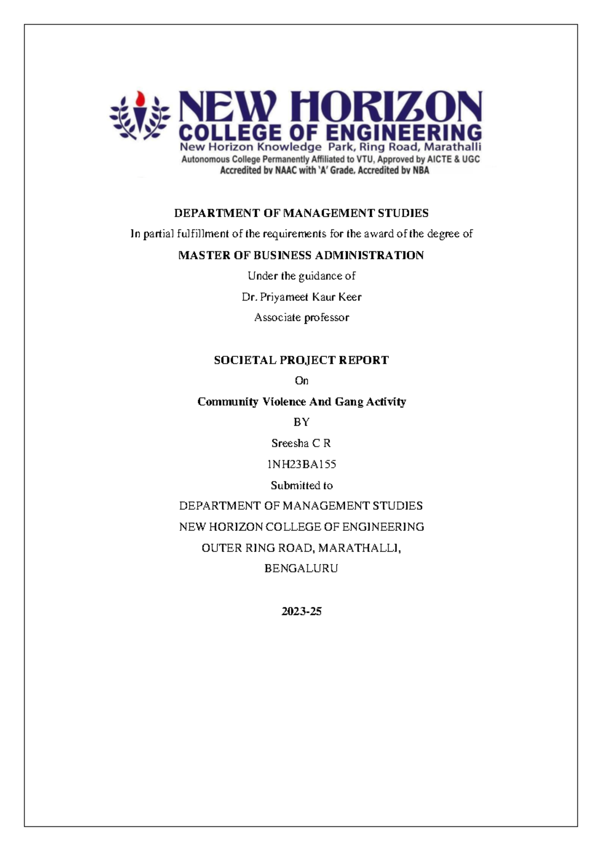 MBA 1NH23BA155 Societal Project Report on Community Violence & Gang ...