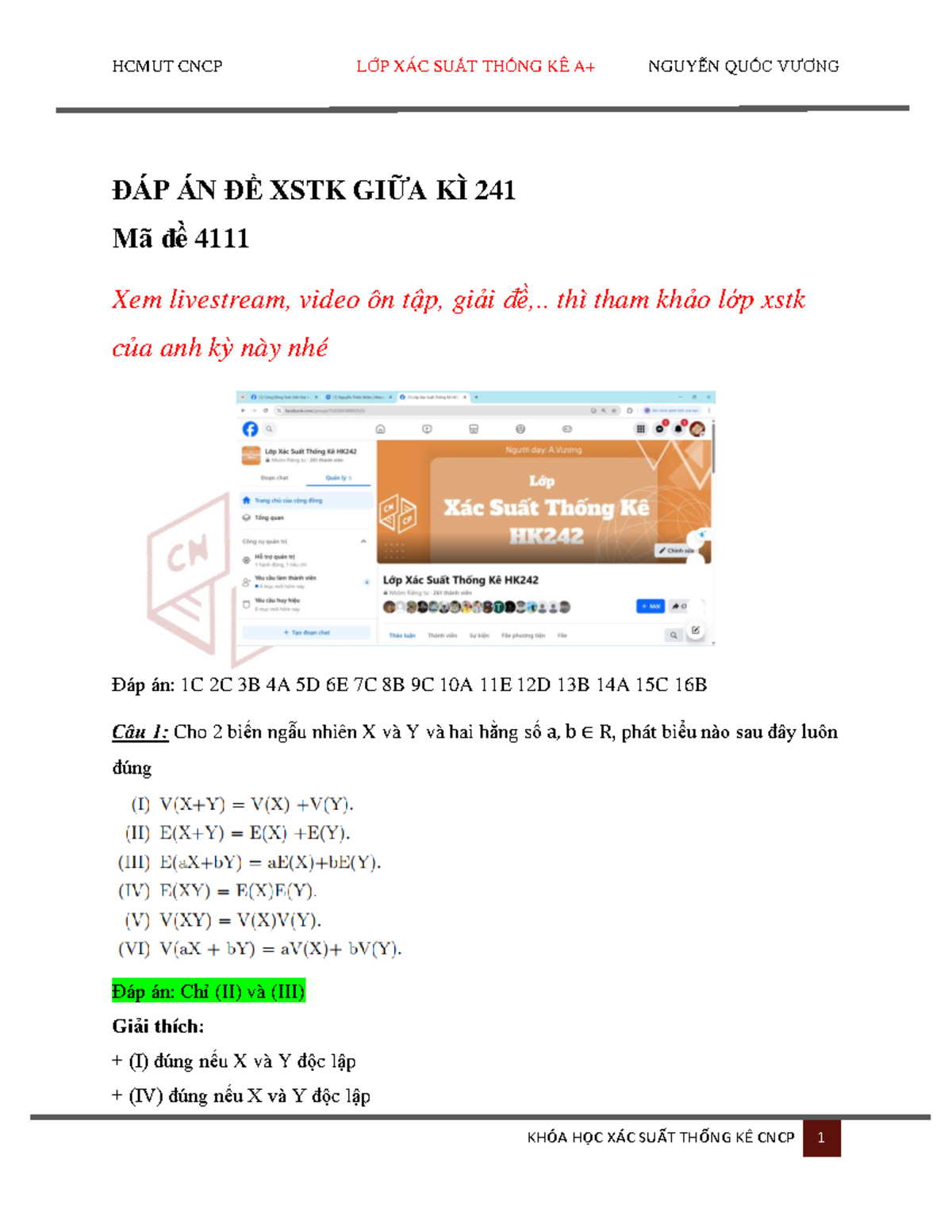 Giải Đề Giữa Kỳ XSTK HK241 - Đáp Án & Phân Tích Chi Tiết - Studocu