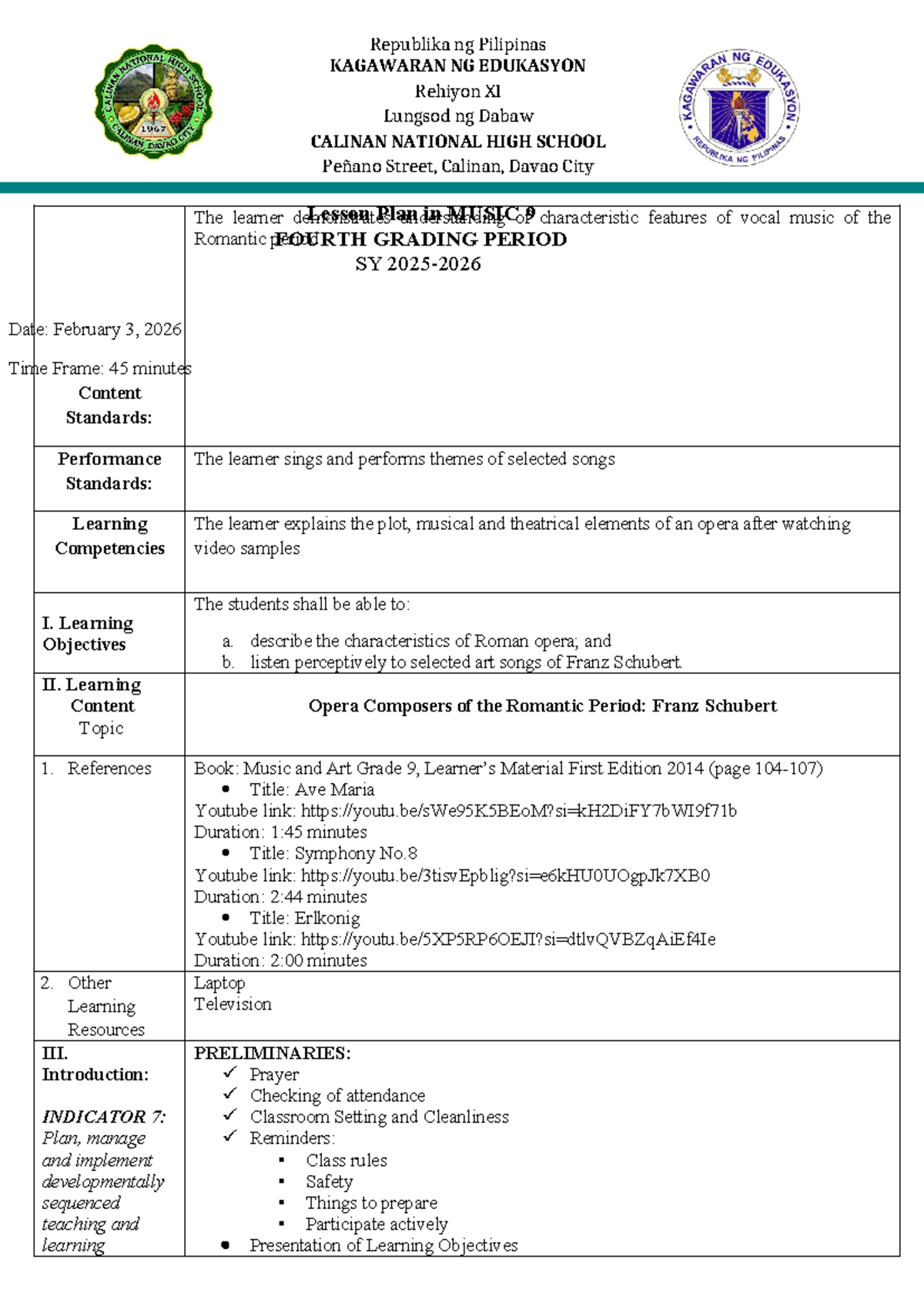 MUSIC 9 Final Lesson Plan: Exploring Vocal Music of the Romantic Period ...