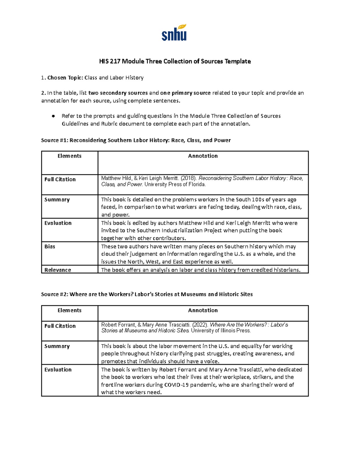HIS 217 Module Three Sources Template: Class & Labor History ...