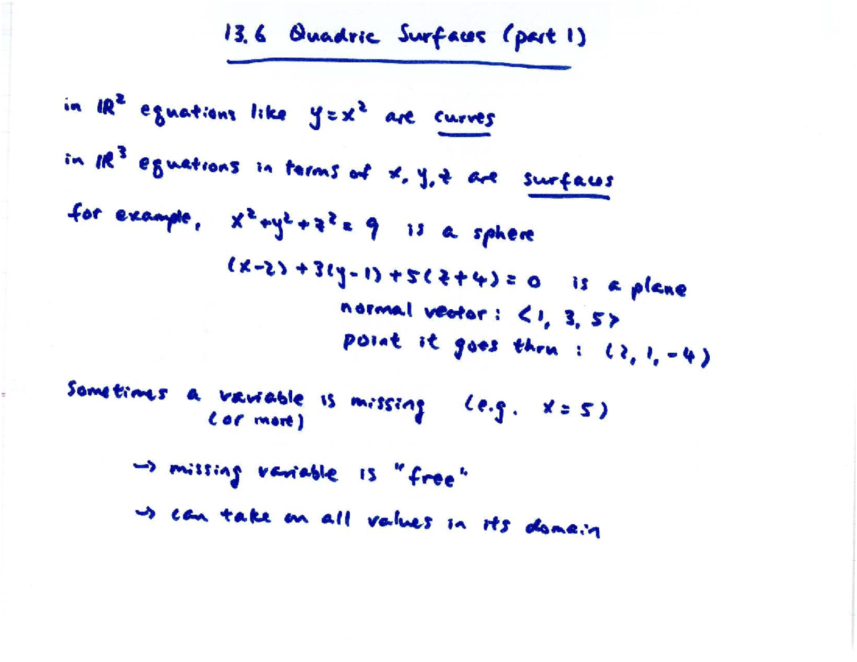 Lesson 3: Quadric Surfaces in IR² and IR³ Equations - Studocu
