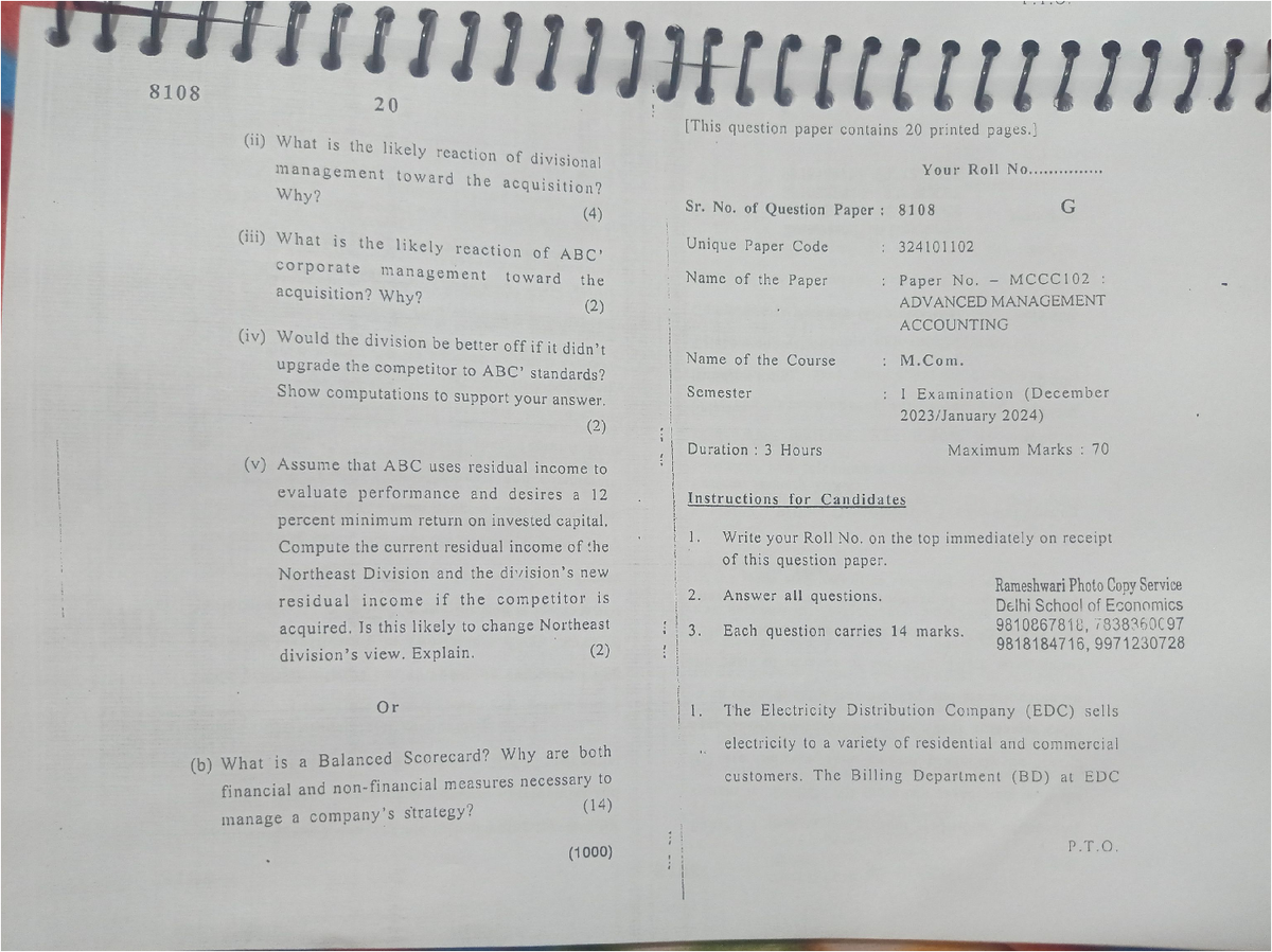 Managaement accounting pyq - 8108 20 question paper contains 20 printed ...