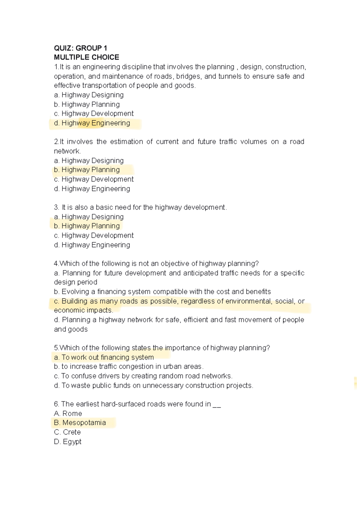 QUIZ: GROUP 1 HIGHWAY ENGINEERING & DEVELOPMENT - Studocu