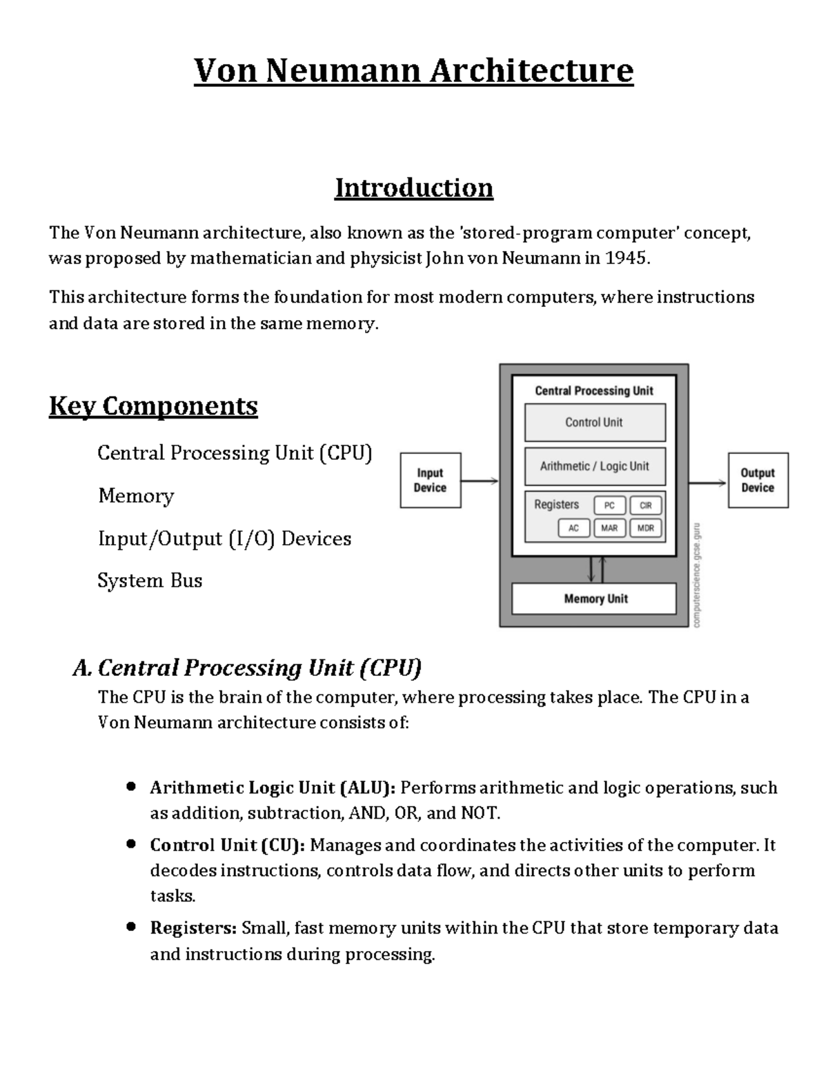 Von Neumann Architecture Lecture Notes: Key Concepts & Components - Studocu