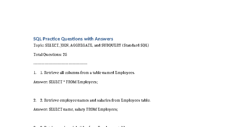 SQL Practice Questions & Answers: SELECT, JOIN, AGGREGATE (25 Qs) - Studocu