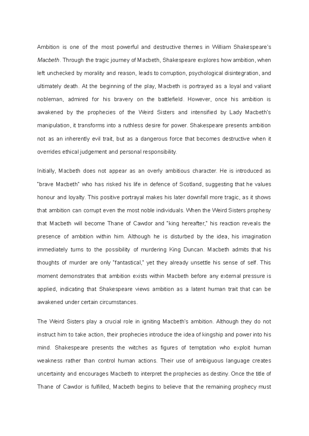 Ambition and Morality in William Shakespeare's Macbeth Analysis - Studocu