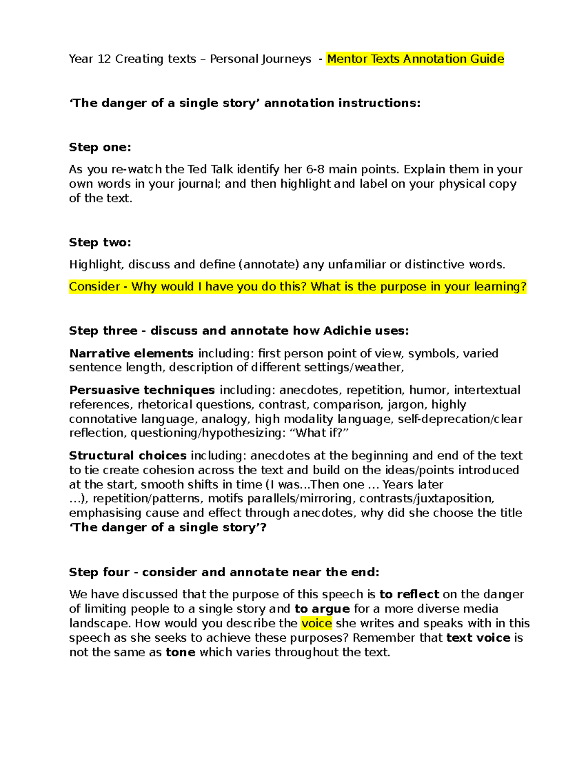 Year 12 Creating Texts - Mentor Texts Annotation Guide (Personal ...