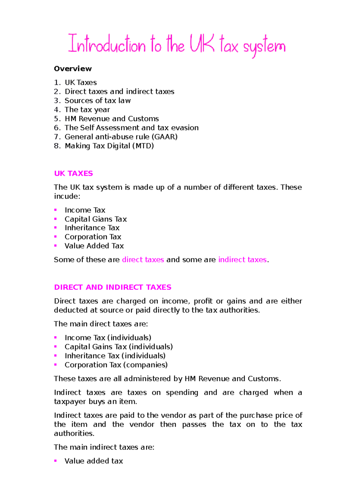 Chapter 1 - Introduction to the UK tax system - Overview UK Taxes ...