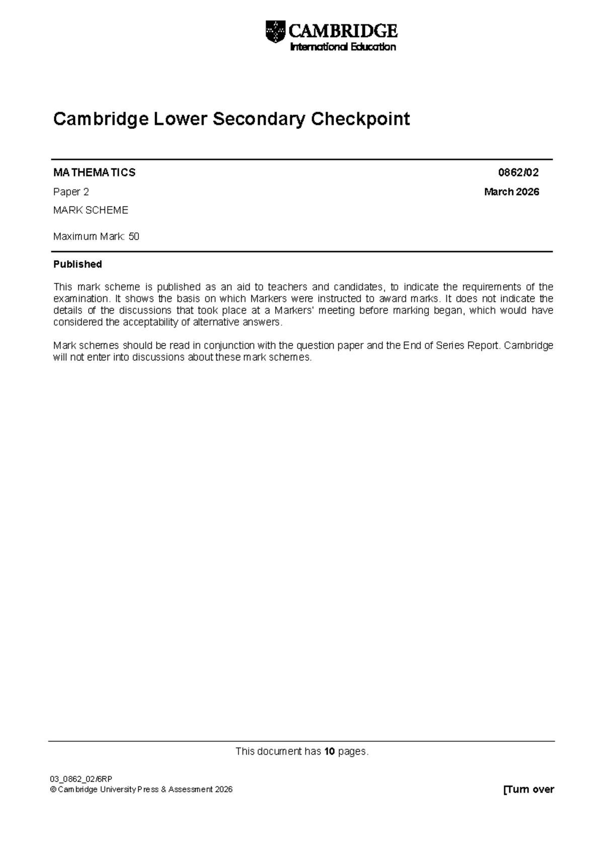Cambridge Lower Secondary Checkpoint Mathematics Paper 2 Mark Scheme ...