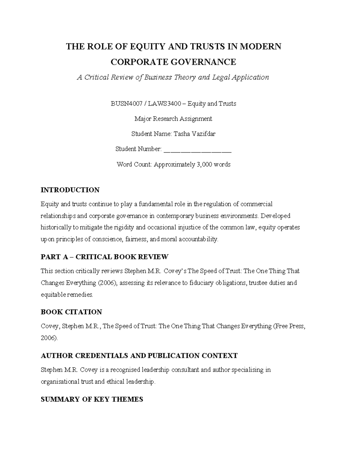 Equity and Trusts in Corporate Governance: A Critical Review BUSN4007 ...