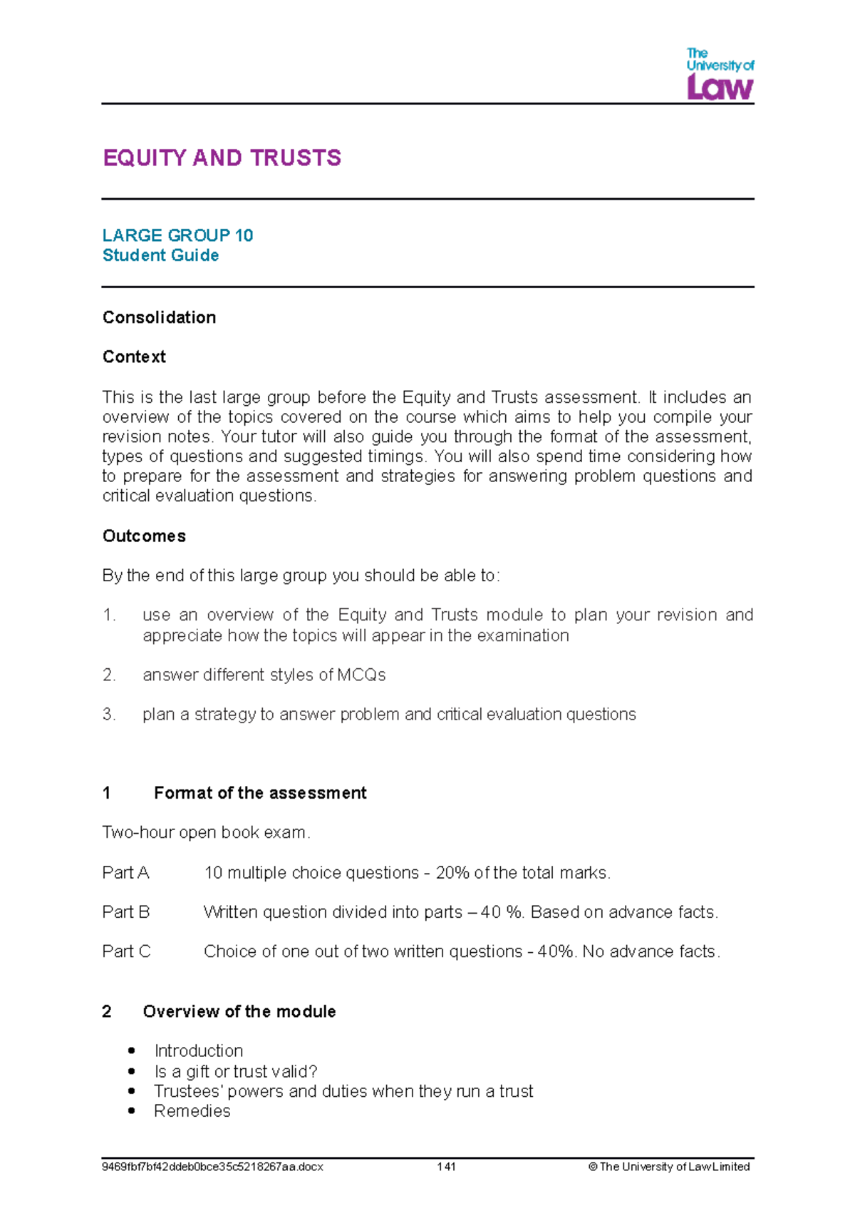Lg10 sg - lg10 student guide - EQUITY AND TRUSTS LARGE GROUP 10 Student Guide Consolidation ...