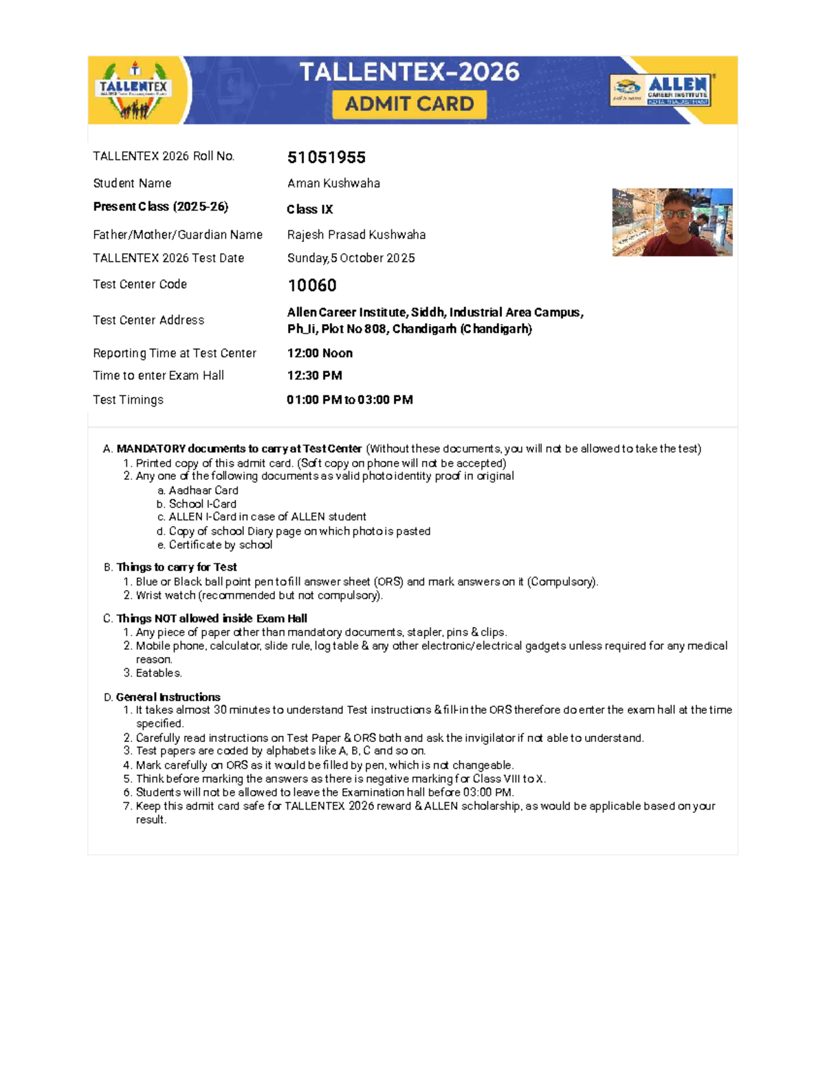 TALLENTEX 2026 Admit Card for Class IX - Roll No. 51051955 - Studocu