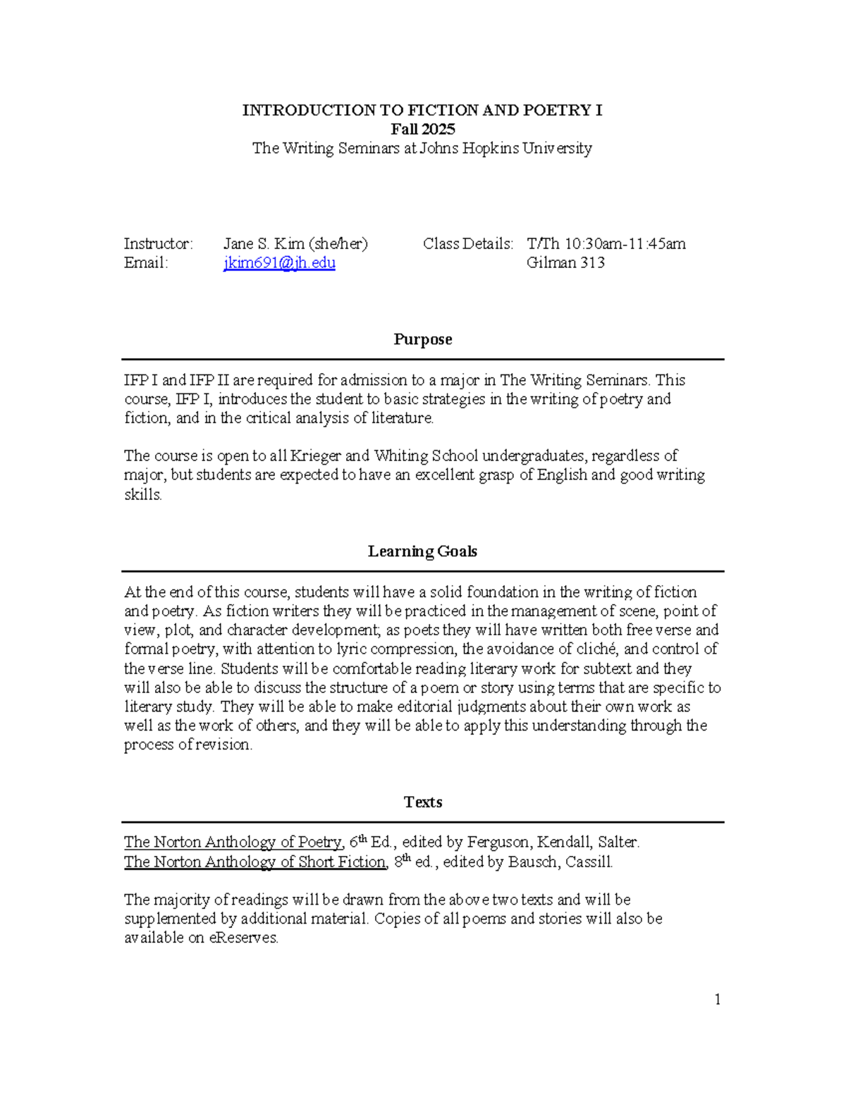 IFP I Syllabus: Introduction to Fiction & Poetry I - Fall 2025 - Studocu