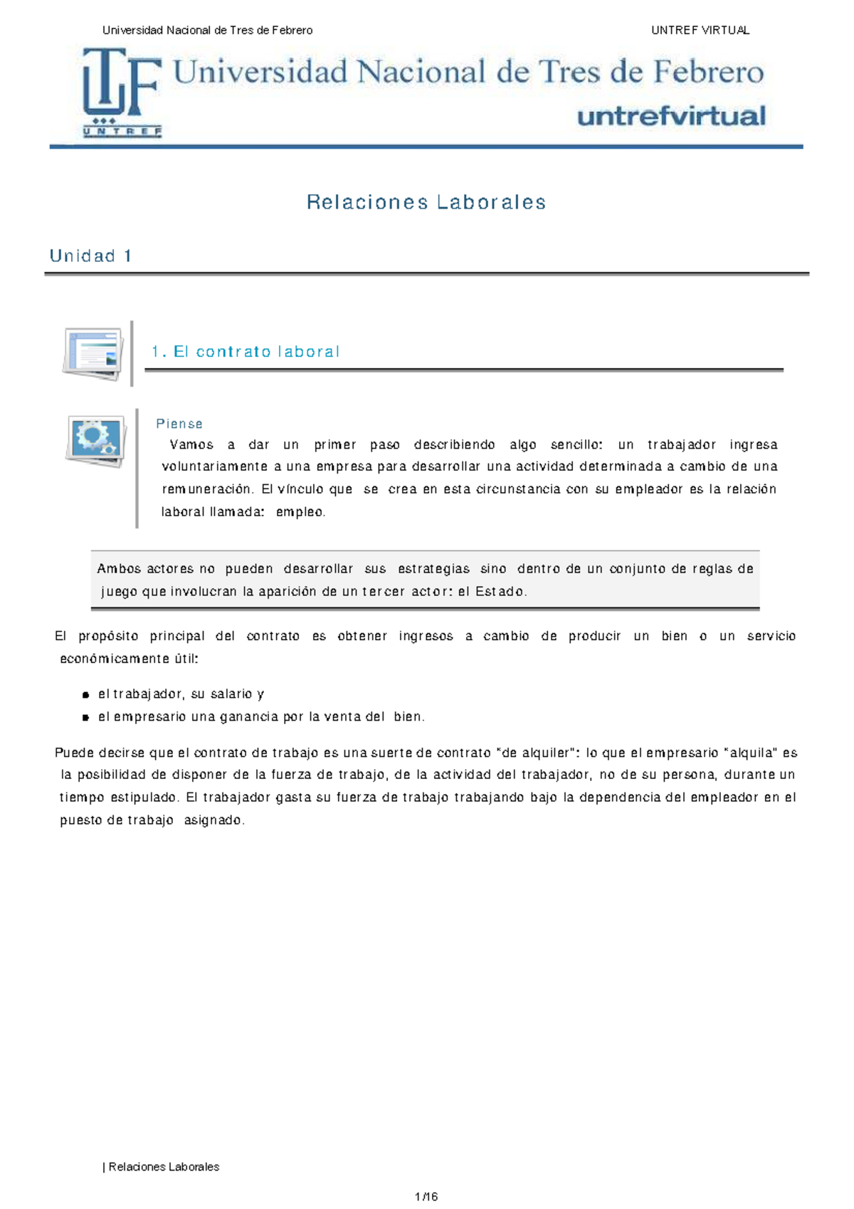 Relaciones Laborales UNTREF VIRTUAL: Unidad 1 - El Contrato Laboral - Studocu