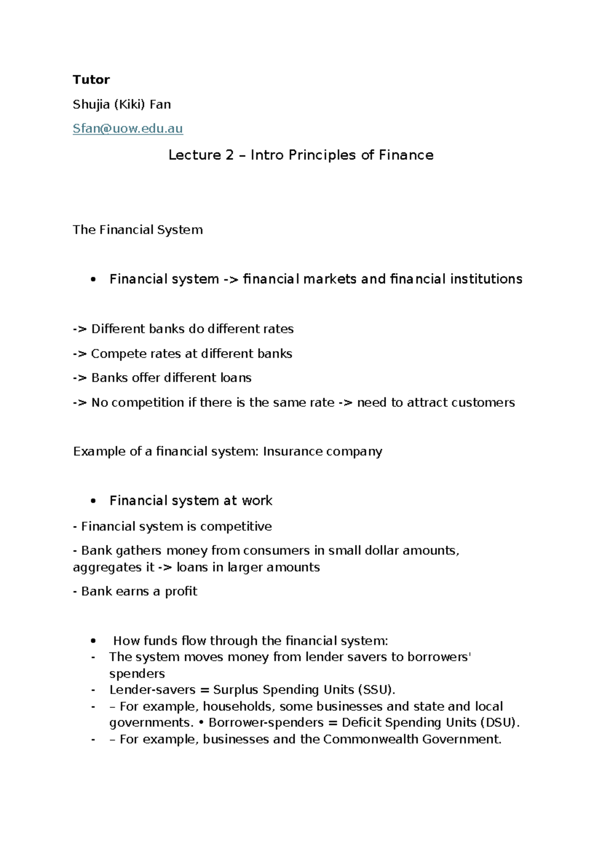 Lecture 2: Intro to Finance - The Financial System (FIN101) - Studocu