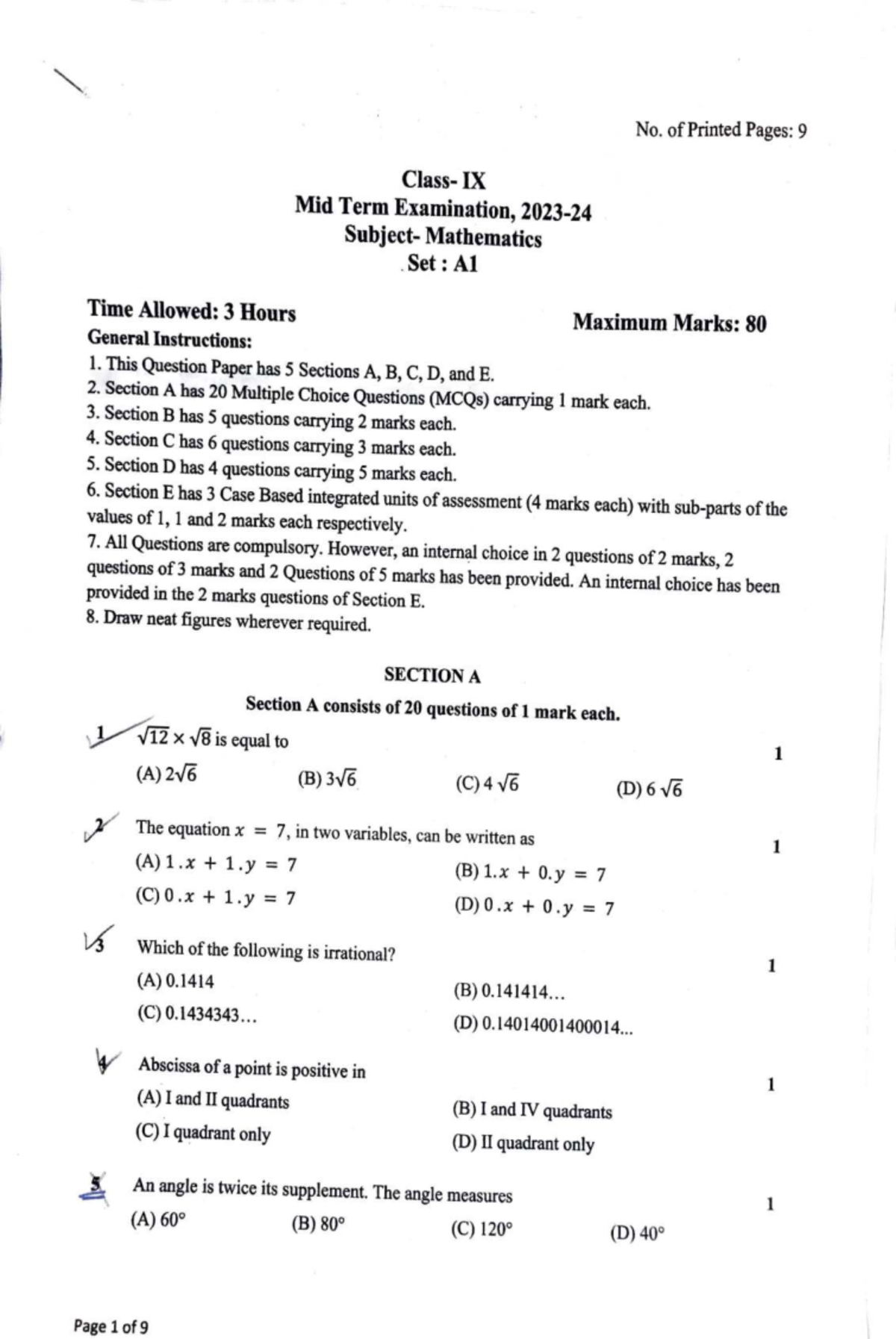 Mathematics Mid Term Exam Sample Paper (DPS 2023) - Studocu