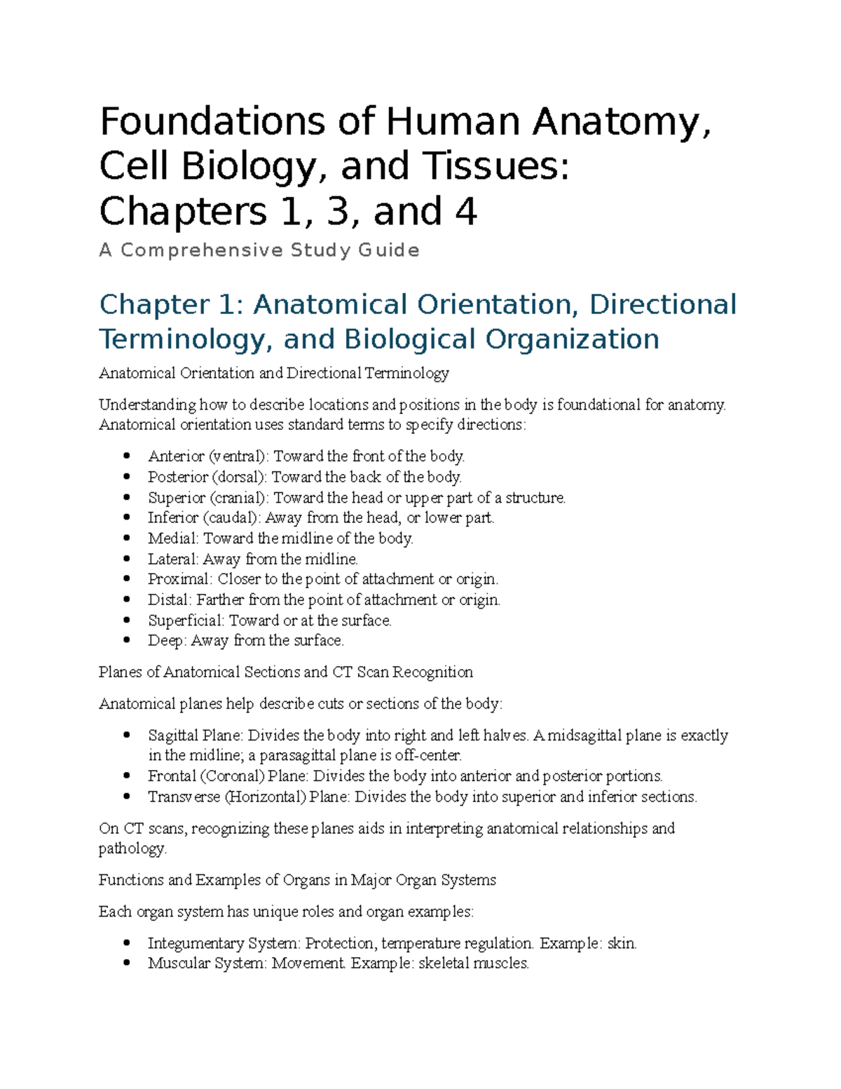 Exam 1 Study Guide: Human Anatomy & Cell Biology (Chapters 1, 3, 4 ...