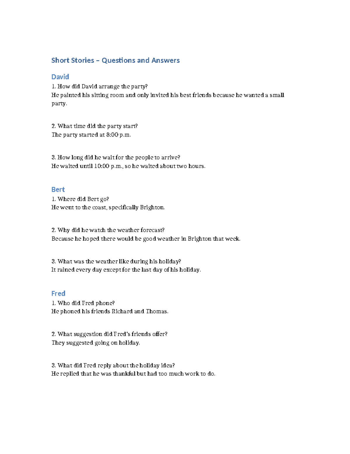 Short Stories Q&A: Insights on David, Bert, and Fred - Studocu