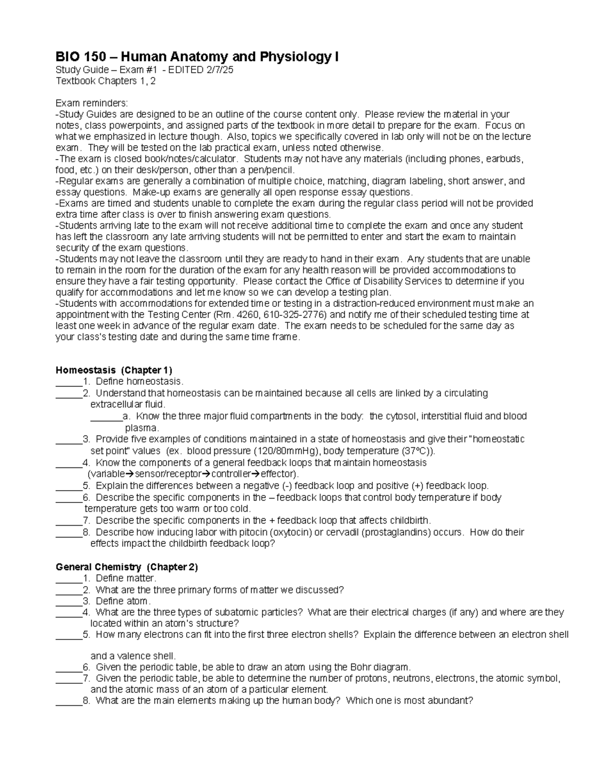 BIO 150 – Study Guide for Anatomy & Physiology I Exam #1 - Studocu