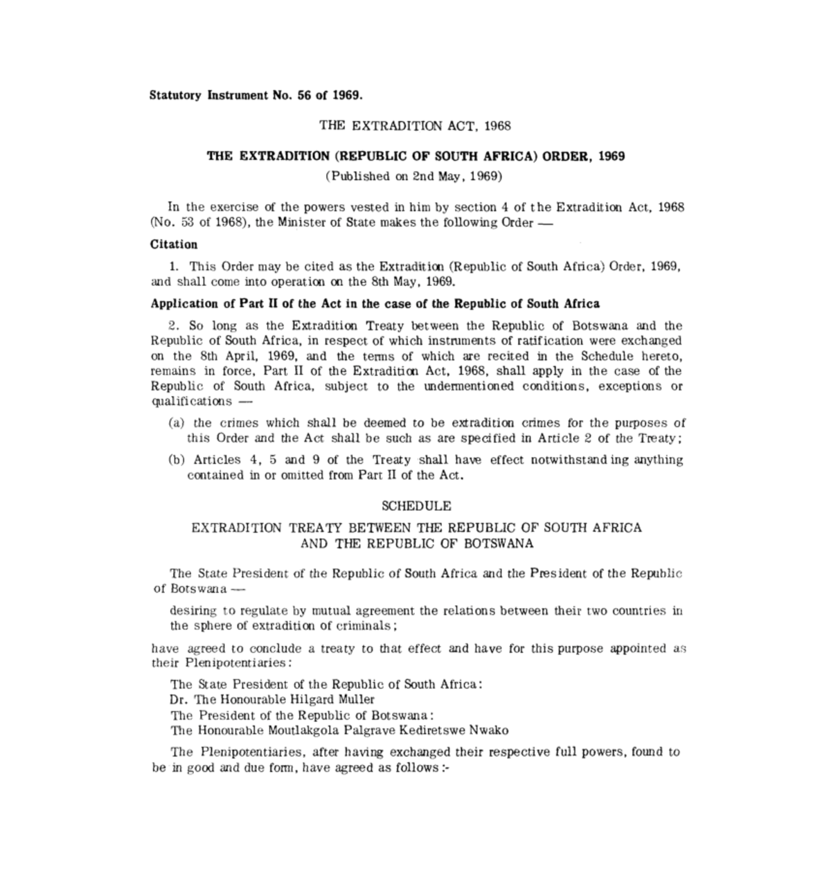 Extradition Act No. 56 of 1969: South Africa & Botswana Treaty - Studocu