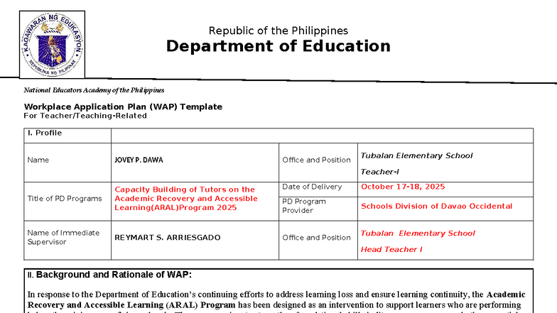 WAP Template for Capacity Building on ARAL Program 2025 - Studocu