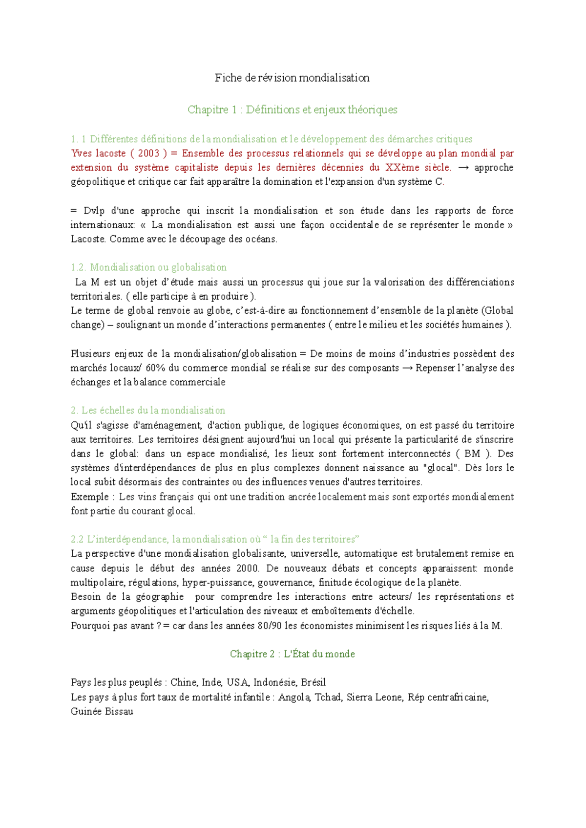 Fiche de révision : Mondialisation et enjeux globaux - Chapitres 1 à 3 ...